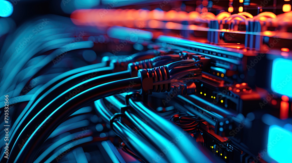 A modern server unit with carefully organized cables creating accuracy ...