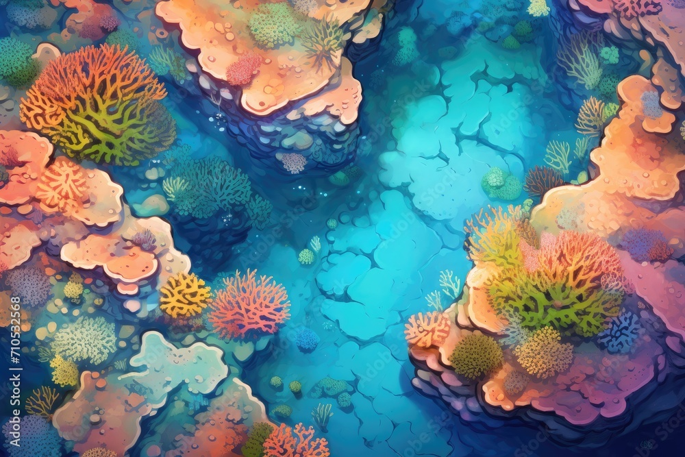 An artwork capturing the vibrant beauty of corals and sponges in their ...