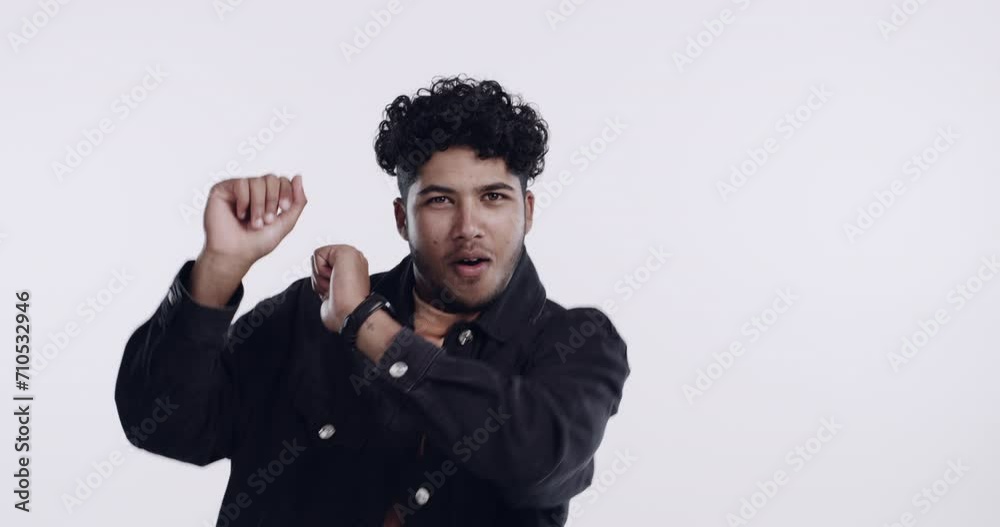 Studio celebration, freedom and man with dance performance, high energy ...
