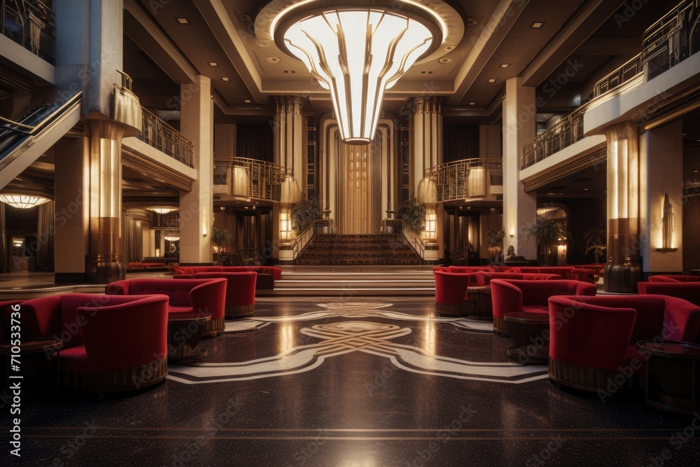 A grand lobby showcasing red chairs and an elegant chandelier, creating ...