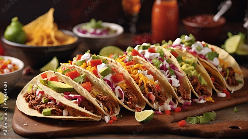 Dive into the world of tacos. Capture the vibrant colors of toppings ...