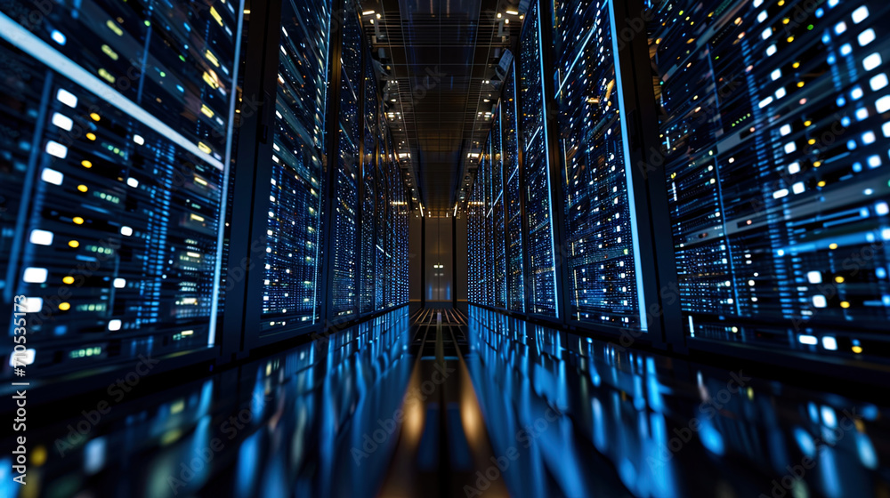 Panoramic photo of a huge server room with arrays of servers, creating ...