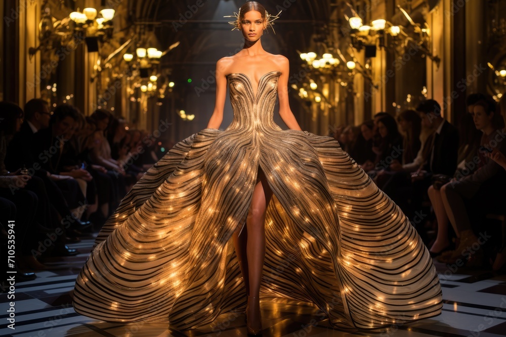 A stunning model walks down the runway, exuding elegance and ...