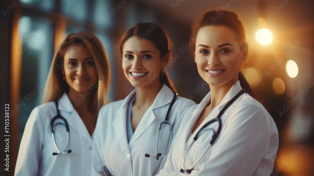 Portrait of three charming cheerful female doctors wearing white ...