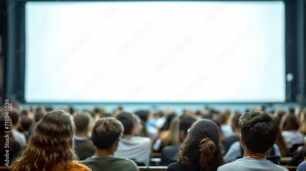 Back view of audiences attending and listening to a seminar. Blur white ...
