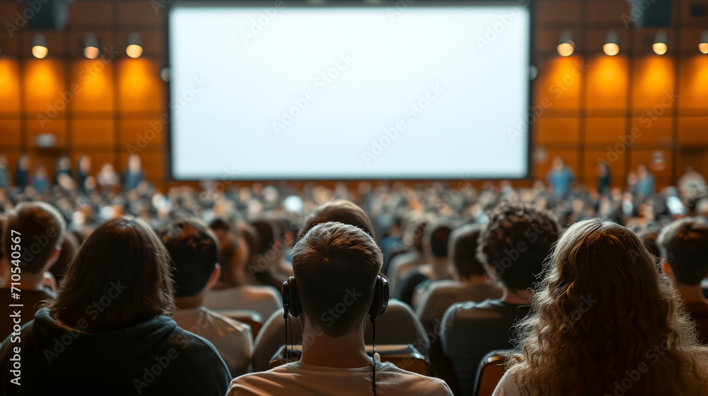 Back view of audiences attending and listening to a seminar. Blur white ...