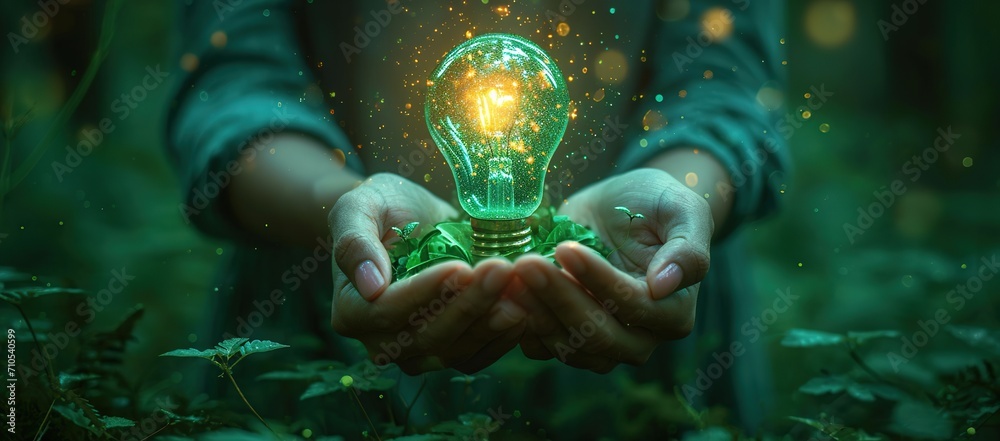 hands hold up an animated green light bulb on a green background, in ...