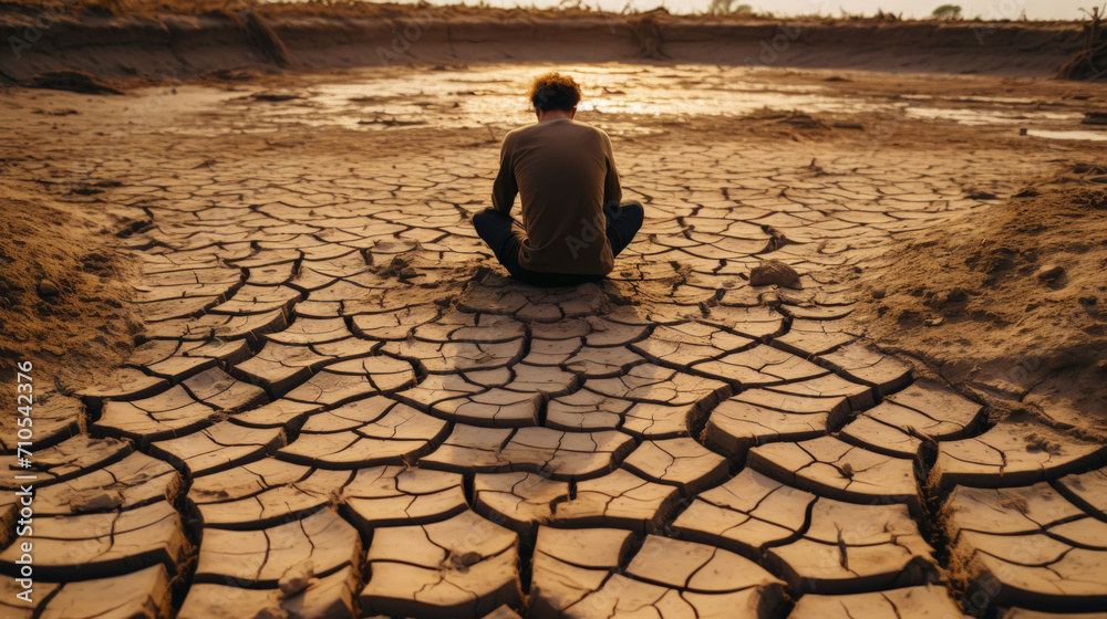 Man sits on cracked ground near dry river. Back view. Drought concept ...