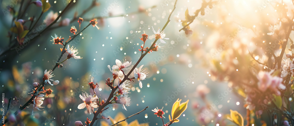Spring ultra wide background with colorful flowers, soft light for ...