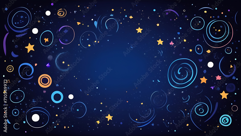 dark blue background, unreal, cosmic, with multicolored circles of ...