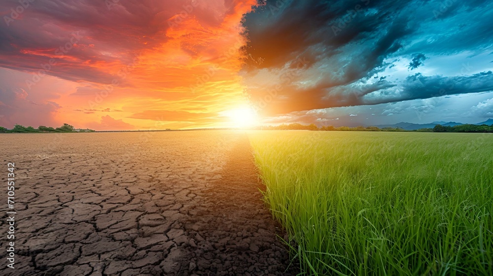 AI-generated illustration of a divided land, one side is arid, and the ...