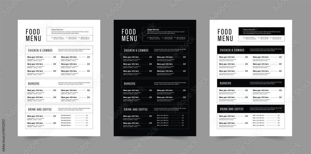Food Menu Layout in Three Colors Food Restaurant Menu Template. Stock ...