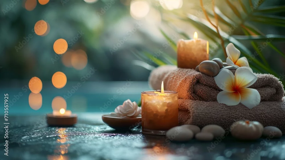 Obraz Spa treatments massages and calming spa environments supplies zen stones and water spa of deep relaxation and tranquility and with space for text concepts. spa background 710557925 Obrazy do SPA