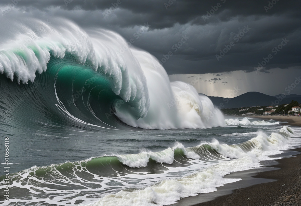 A tsunami hit a small seaside town. Apocalyptic dramatic background ...