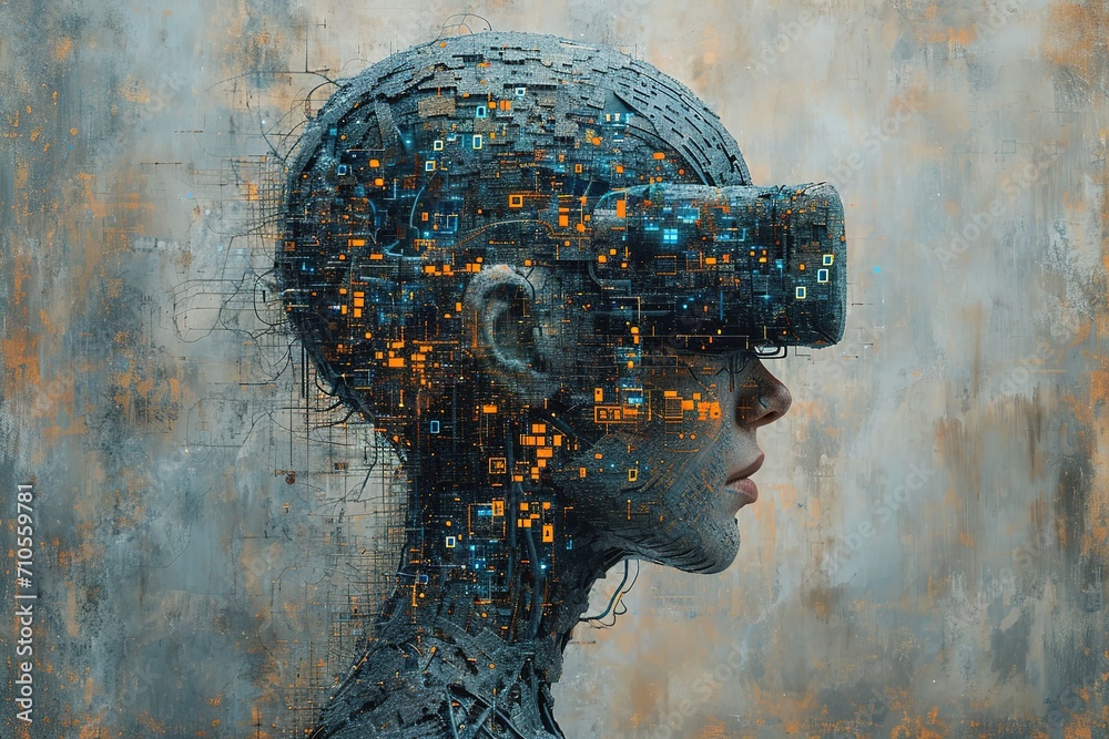 tech head drawing a brain and digital technology, in the style of ...