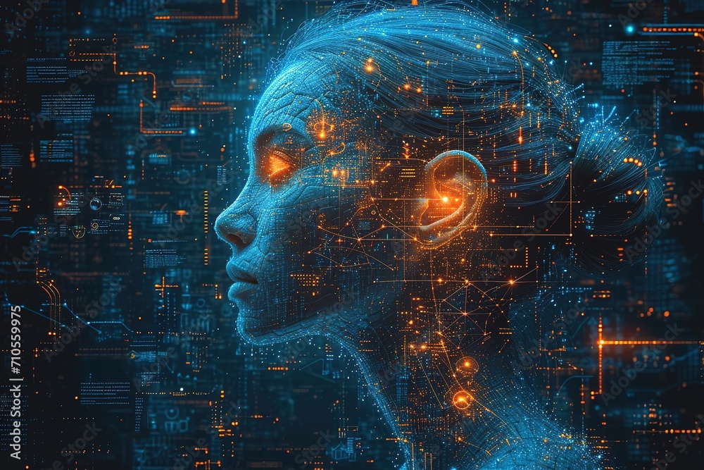 tech head drawing a brain and digital technology, in the style of ...