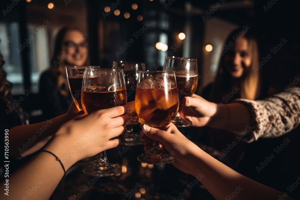 Des jeunes amis en train de boire un verre de vin rouge pendant une ...