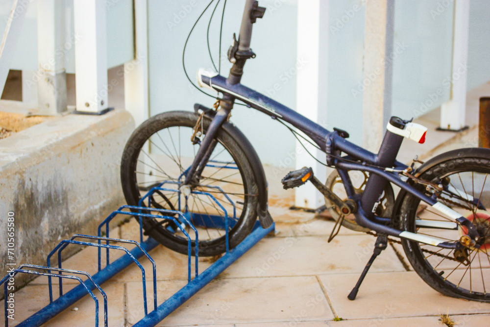 Madrid Spain 1 April 2023 Black electric mountain bike B'TWIN parked in parking lot. Folding ...