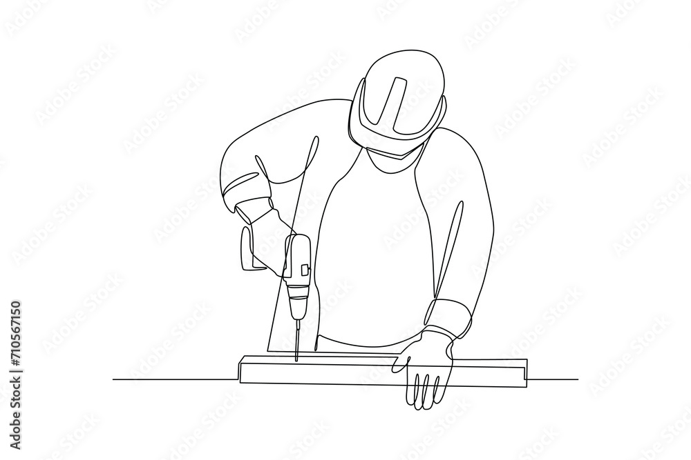 Continuous one line drawing carpenter is drilling wood. Construction ...