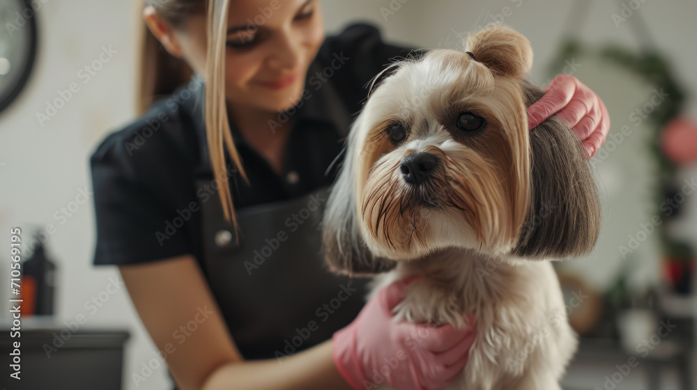 Professional groomer cuts and styles the hair of a small smiling dog ...