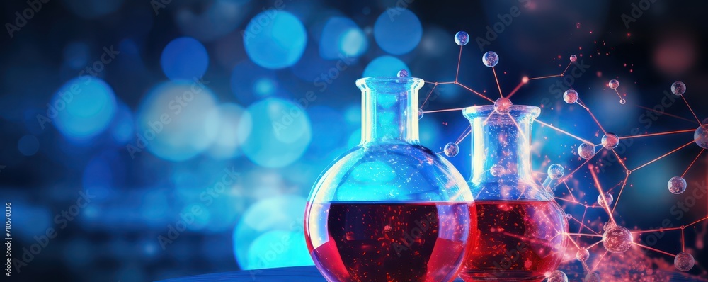 blue red glass flask vial and chemical structure in research medical ...