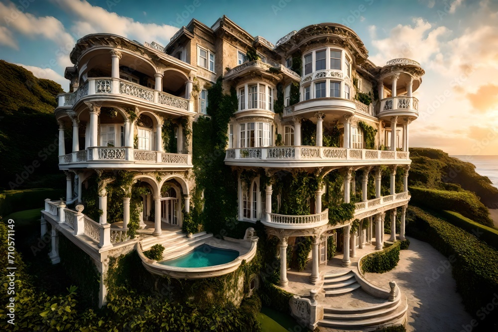 An opulent coastal mansion adorned with ivy-covered walls and ornate ...