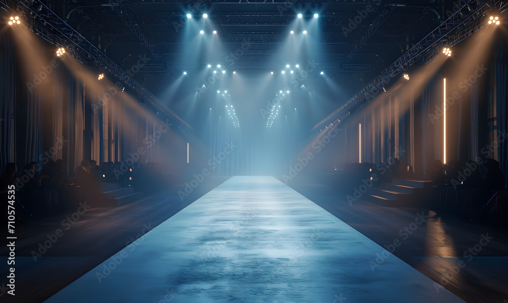 empty catwalk runway. direct blue and yellow spotlight to the model ...