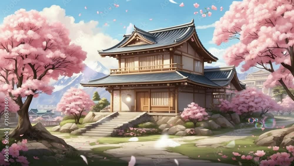 Japanese house in spring. Scattered cherry blossoms. Cartoon and anime ...