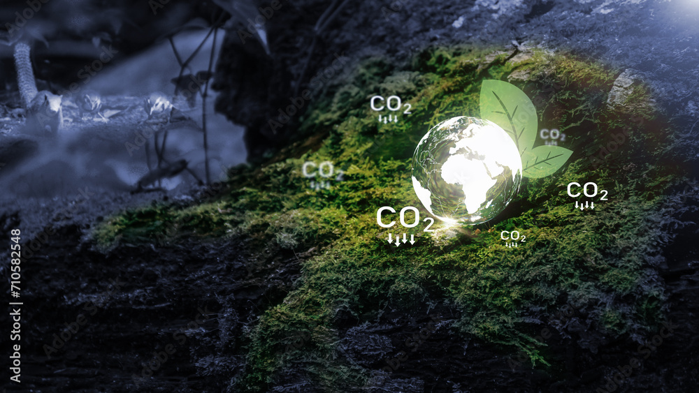 Clean energy concept. World map crystal ball with icons co2. Climate ...