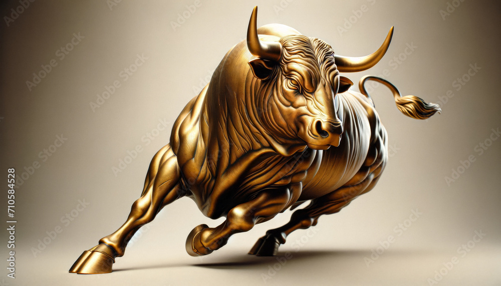 golden bull statue in a dynamic charging pose. Its textured surface adds depth, highlighting the ...