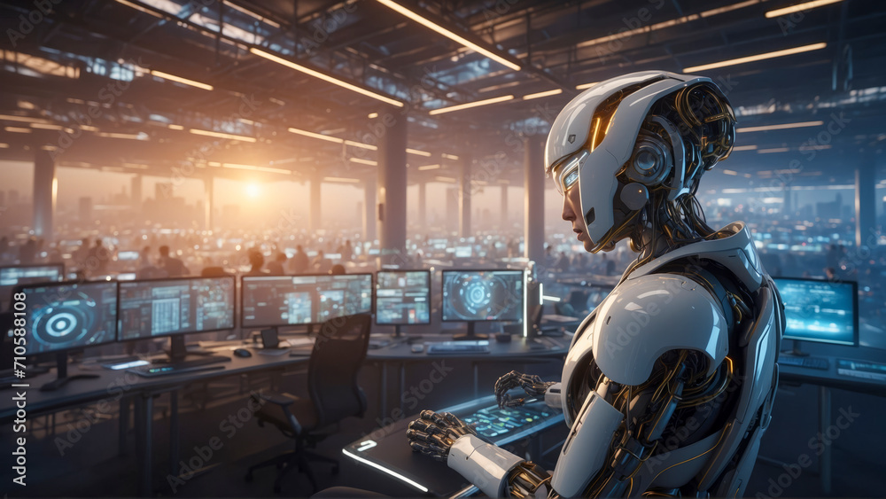 Artificial intelligence in action: Robot working on computer in data ...