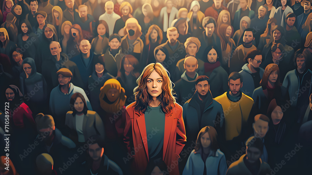 Standing out from the crowd concept with woman looking at camera from ...