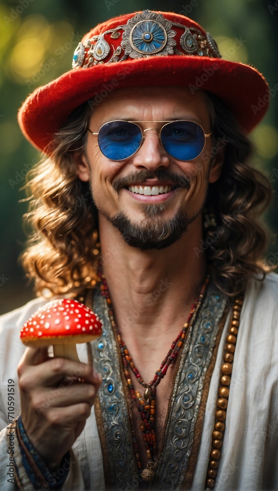 Slavic shaman dressed in traditional folk costume and Lenon glasses ...