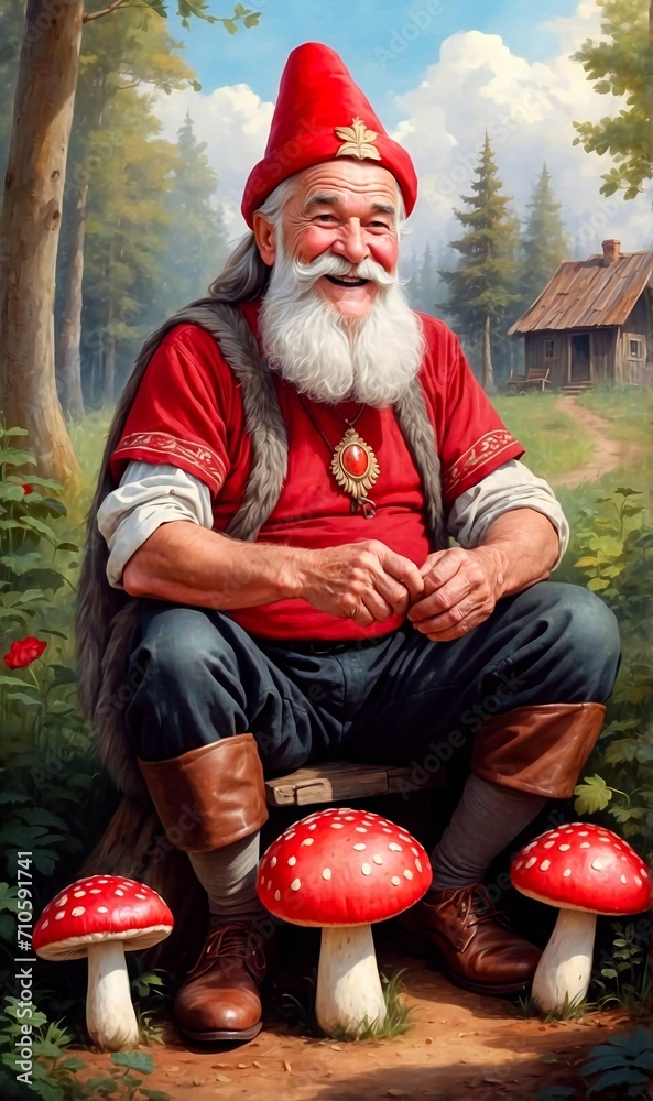An old happy Slavic shaman grandfather dressed in a Slavic folk costume ...