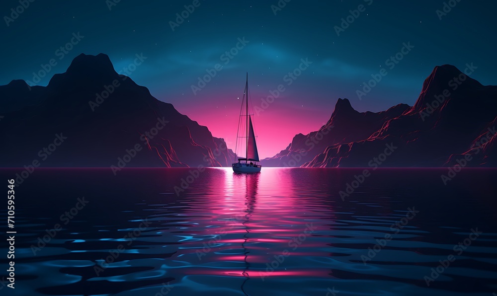 Synthwave,shot from the water,a chinese sail drifts over hills ...