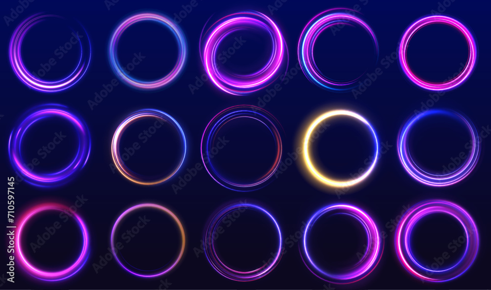 Rounded neon line with light effect. Energy flow tunnel. Blue portal ...