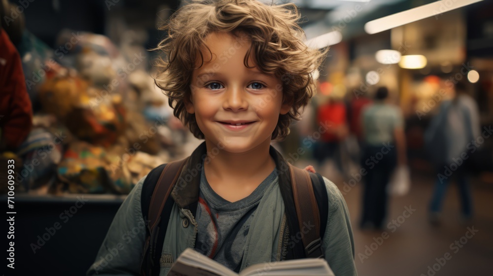Ragged boy in a jacket with a backpack and a book in the market between ...