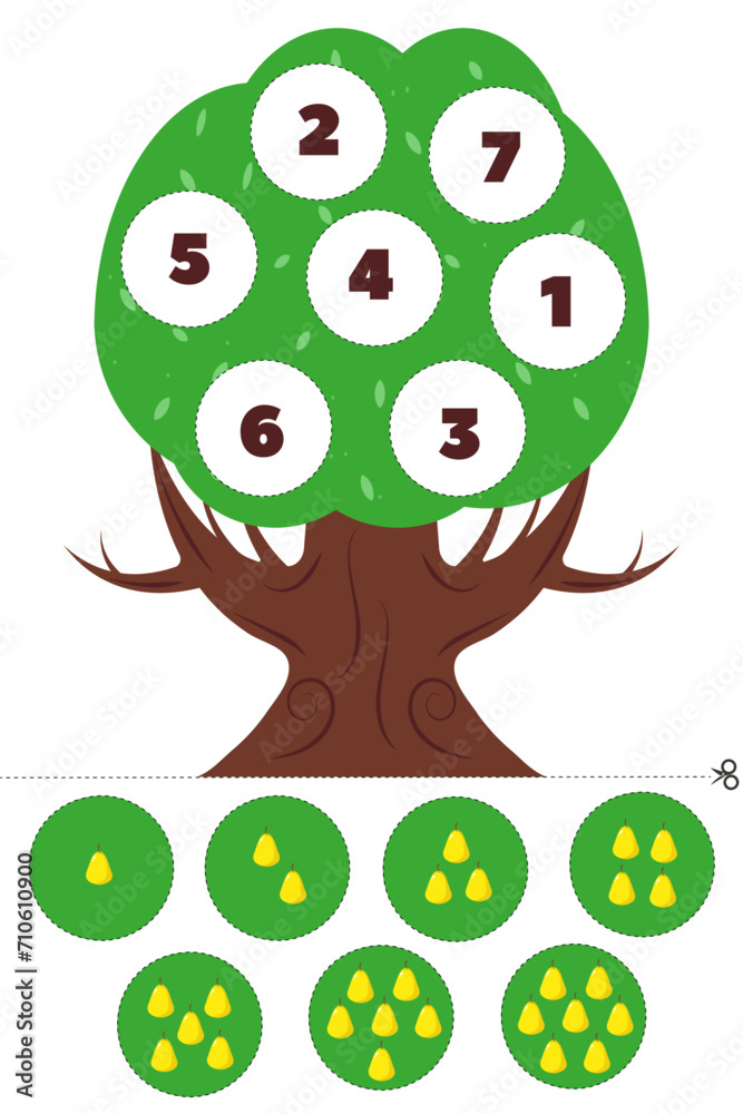 Math game for kids. Cut and stick. Count the number of pears on a tree ...