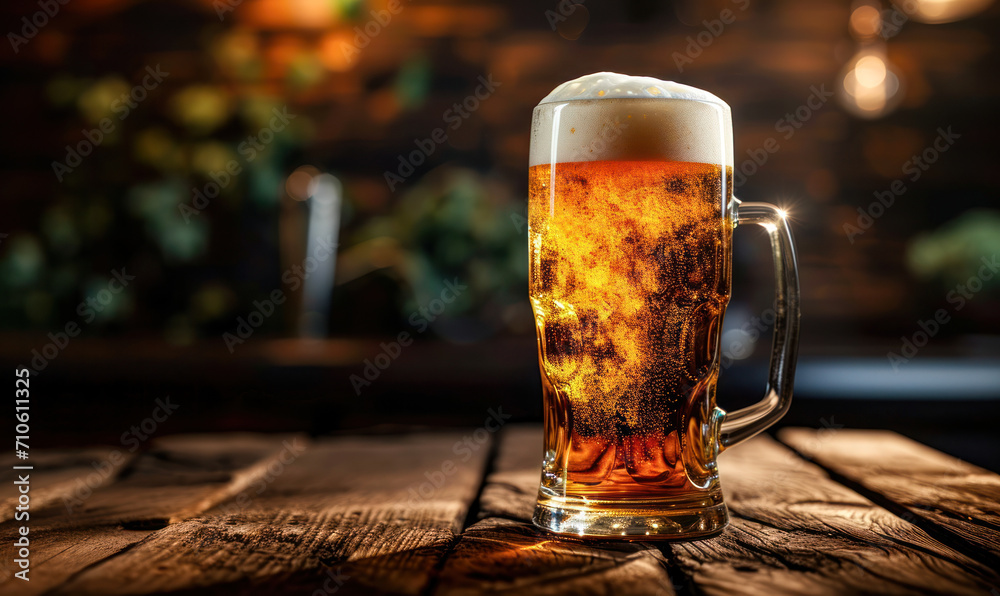 Refreshing cold draft beer in a tall glass with a frothy head, golden ...