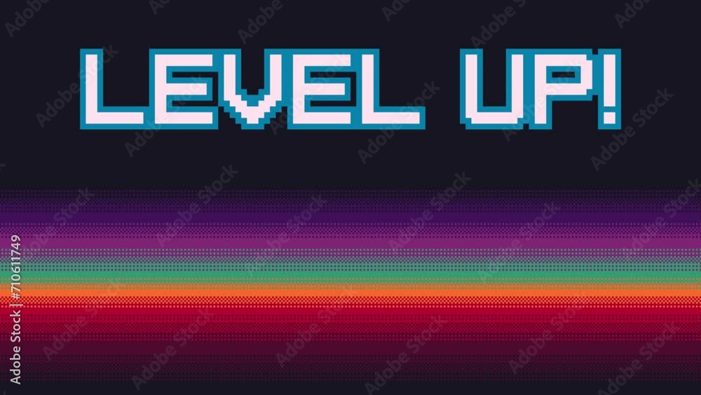 Animated retro Level Up pixel art text with vibrant colors gradient on ...