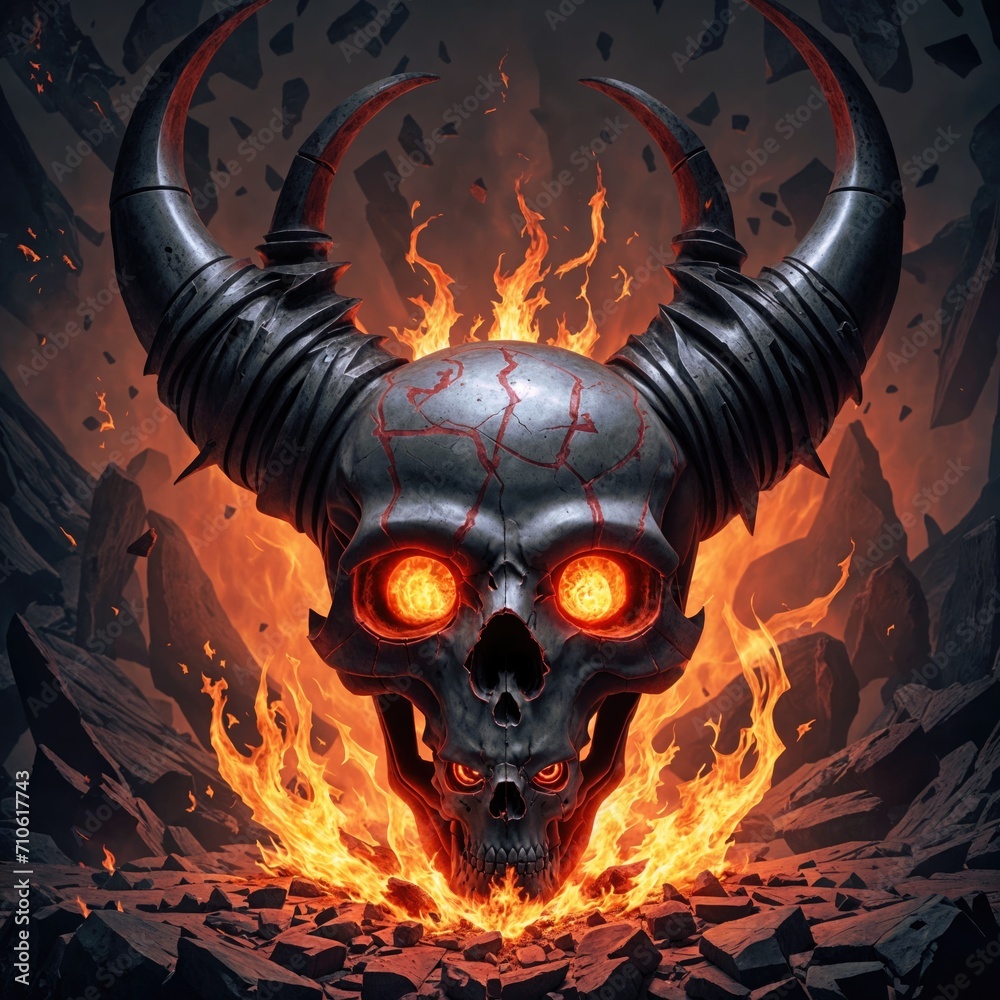 Evil demonic skeleton bone skull with horns and glowing eyes in the ...