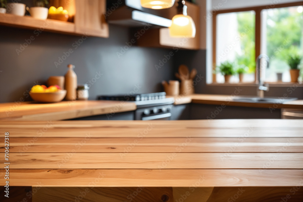 Frontal view of a wood table top on blur kitchen counter background ...