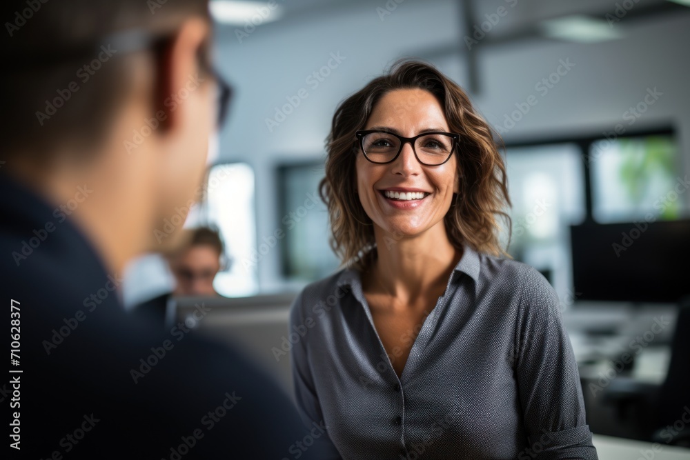 confident and professional 55 years old woman facing the interview ...