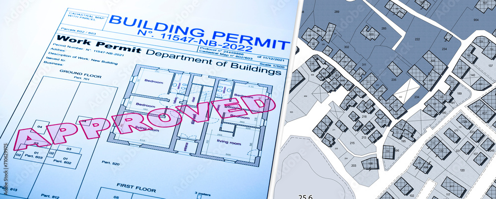 Buildings Permit concept with imaginary cadastral map - building ...