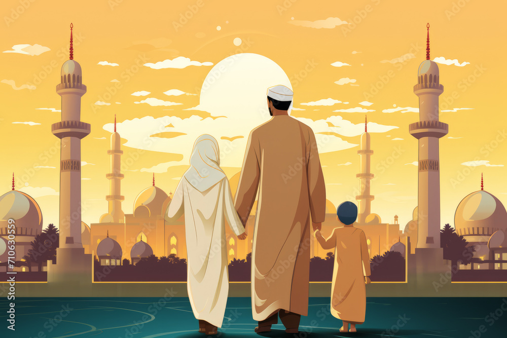 Islamic family. A happy father and children go to the mosque to ...