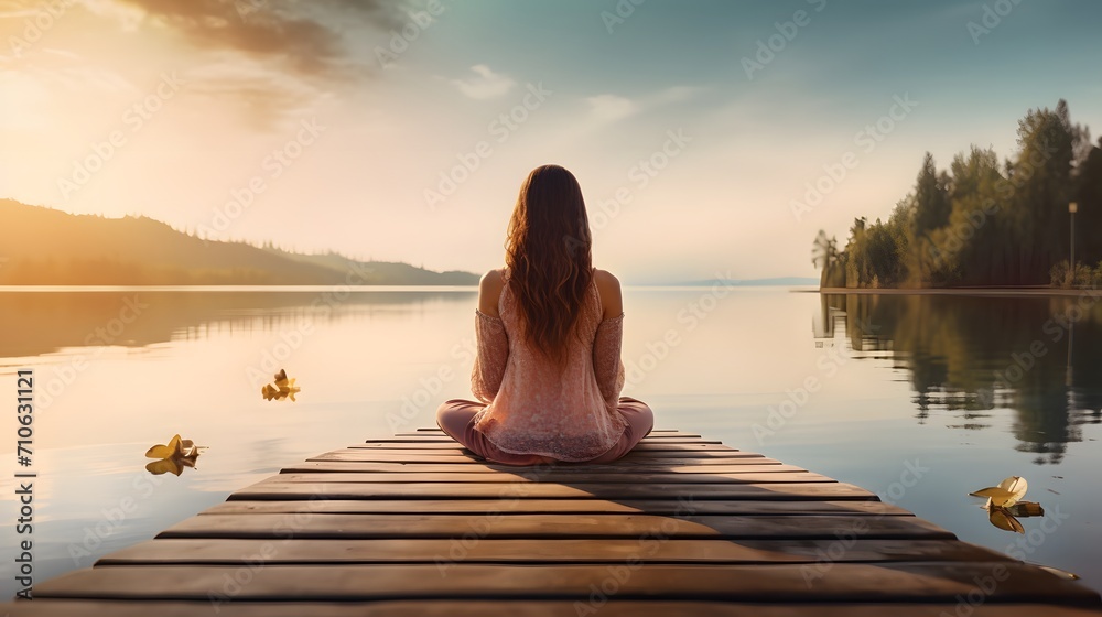 Calm morning meditation by the lake. Young woman outdoors on the pier ...