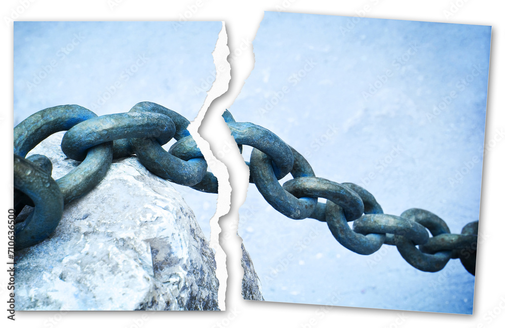 Breaking the chains - concept image with a ripped photo of an old rusty ...