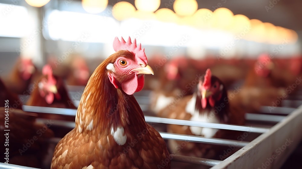 Chicken farm. Egg-laying chicken in battery cages. Commercial hens ...
