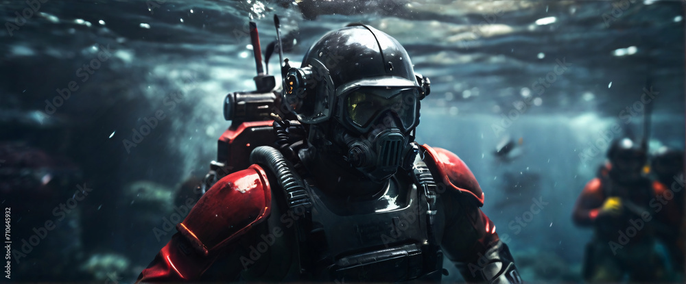 cyborg soldier fighting in underwater in ocean zone using weapon ...