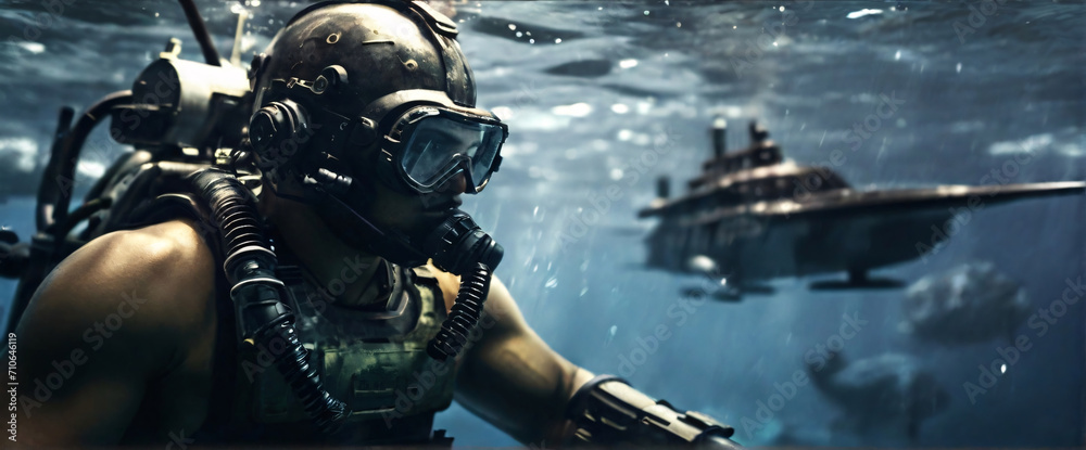 cyborg soldier fighting in underwater in ocean zone using weapon ...